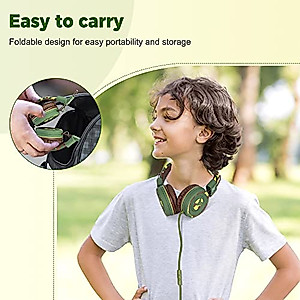 Yomuse C89 Kids Headphones, Wired Headphone with Microphone, On Ear Headphone with Adjustable, Foldable Headphones for School Travel Children Girls Boys Adults (Camo Green)