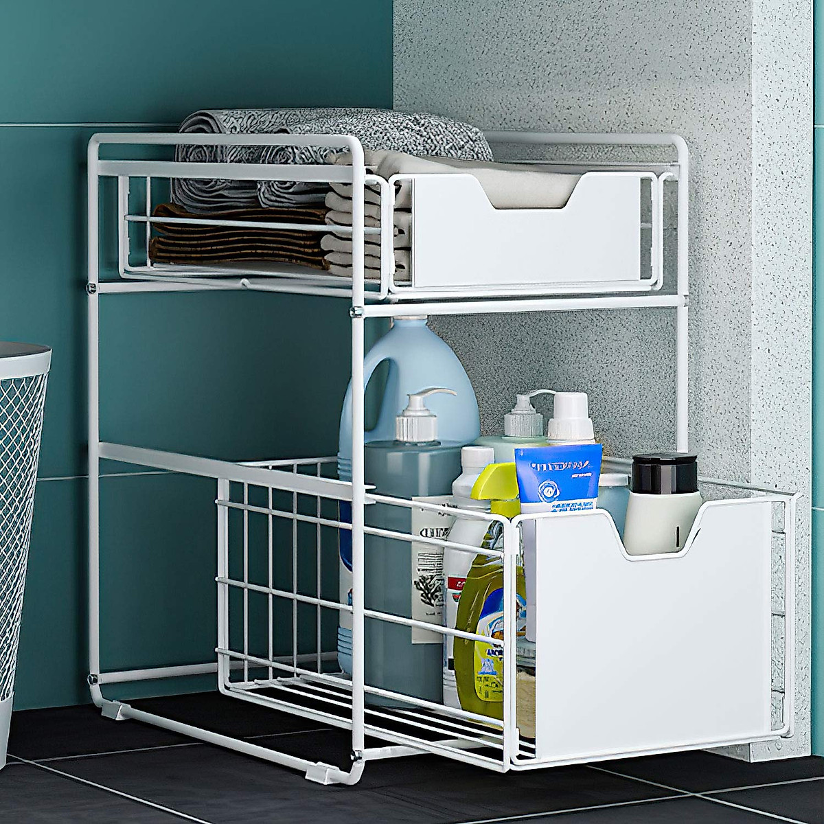 Under Sink Cabinet Organizer 2 Tier Sliding Cabinet Basket with Storage Drawer,Desktop Organizer for Kitchen Countertop Pantry Bathroom,White