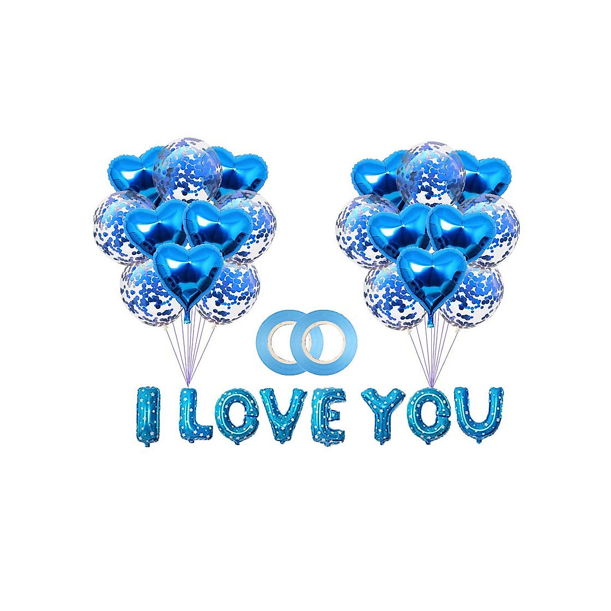 30pcs I LOVE YOU Valentines Day Balloons with Ribbon Heart Foil Balloons Confetti Balloons for Valentines Day Wedding Bridal Shower Engagement Party Decorations - Blue