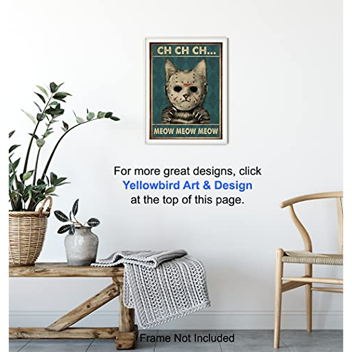 Yellowbird Art & Design Cat Wall Art & Decor - Friday the 13th Wall Art - Halloween Wall Art - Tabby cat Wall Art - Jason Horror Movie - Funny Cat Gifts for Men - Scary Cat Poster - 8x10 UNFRAMED
