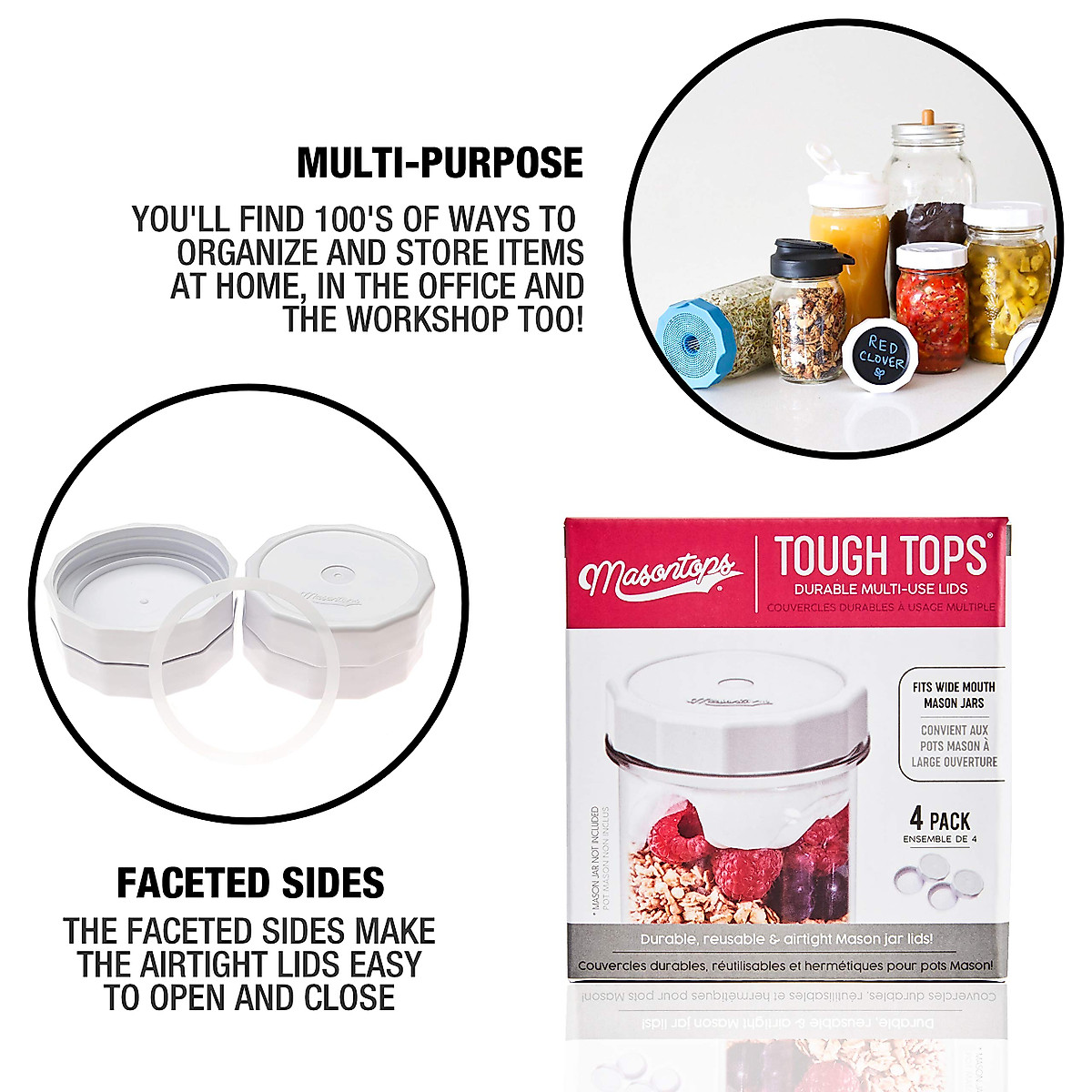 Masontops Tough Tops - Ball Wide Mouth Mason Jar Lids Plastic Leakproof - BPA-Free White Plastic Mason Jar Lids - Reusable Dry Canning Lids fit Ball Jars (Ball Mason Jars not included)