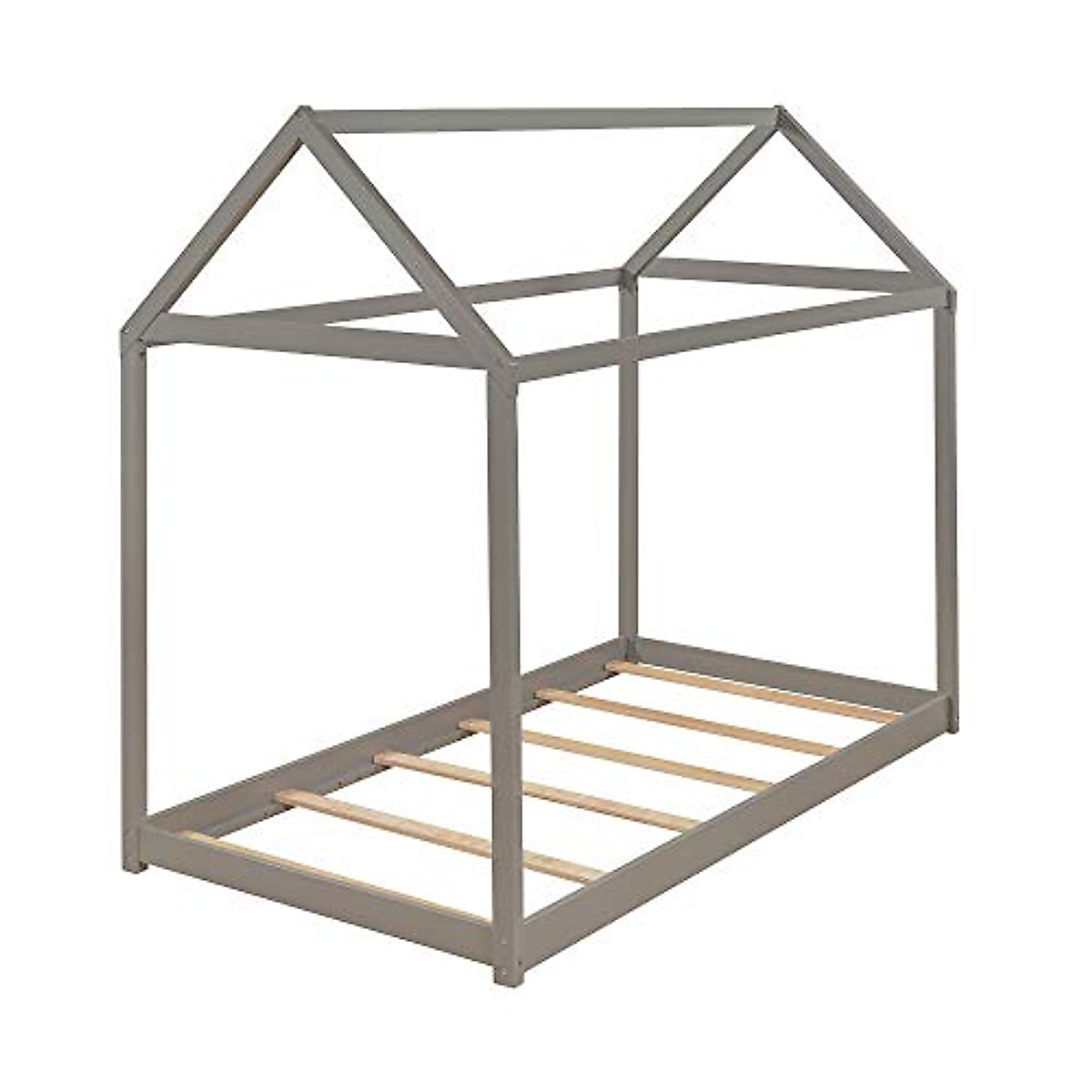 LIADTOP Twin Size Wooden House Bed,Wooden Twin Platform Bed Frame with Headboard and Footboard, Roof Design, for Toddlers Kids Boys Girls Teens,No Box Spring Needed,Grey(New)