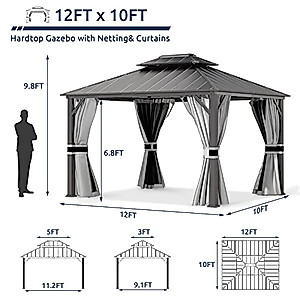 UDPATIO 10' x 12' Hardtop Gazebo, Galvanized Steel Double Roof Permanent Aluminum Gazebo, Outdoor Metal Pergolas with Mosquito Netting and Curtains for Garden, Parties, Patio, Deck, Lawns, Grey