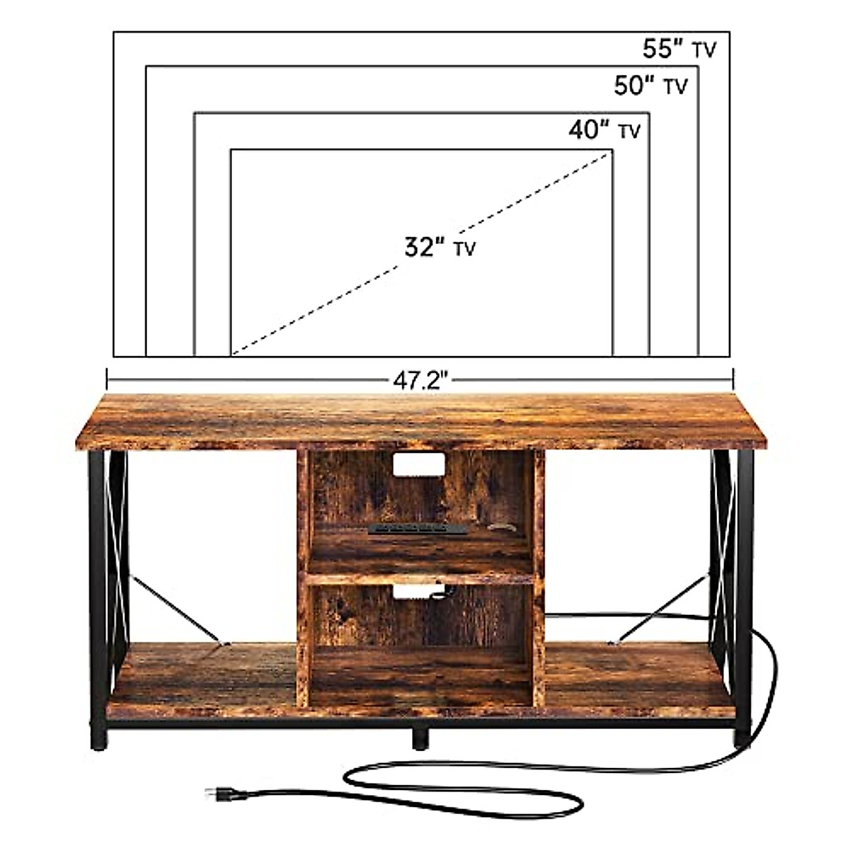 FABATO Wood 55 Inch TV Stand and Entertainment Center with 4 Socket Plug-in Station, 3-Height Adjustable Shelf, and Wire Threading Holes