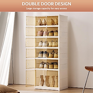 SYNCVIBE Portable Shoe Rack Organizer 6 Tier 24 Pairs Foldable Shoe Box with Doors, Large Folding Cabinet Bins.Stackable Plastic Shoe Box, Storage Shoe Cabinet for Hallway, Living Room, Closet