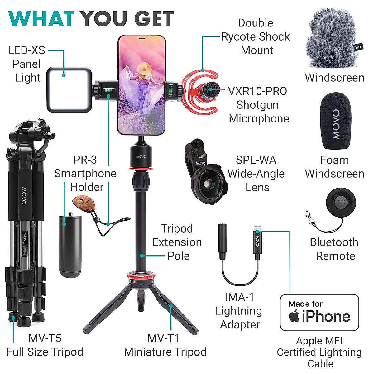 Movo iVlog1 Vlogging Kit for iPhone with Fullsize Tripod - Lightning Compatible Vlog Kit - Accessories: Shotgun Mic, Tripods, LED Light, Wide-Angle Lens for YouTube Starter Kit or iPhone Vlogging Kit