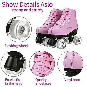 KYIS Womens Roller Skates Hightop Shiny PU Leather Rubber Classic Roller Artistic for Outdoor Skating (Pink(Flash Wheel),7)