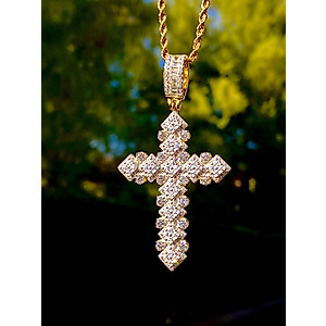 Custom Cross Men Women 925 Italy Gold Finish Iced Silver Charm Ice Out Pendant Stainless Steel Real 3 mm Rope Chain , Mans Jewelry, Iced Pendant, Rope Necklace 16"- 24" (24" Chain + Pendant Set)