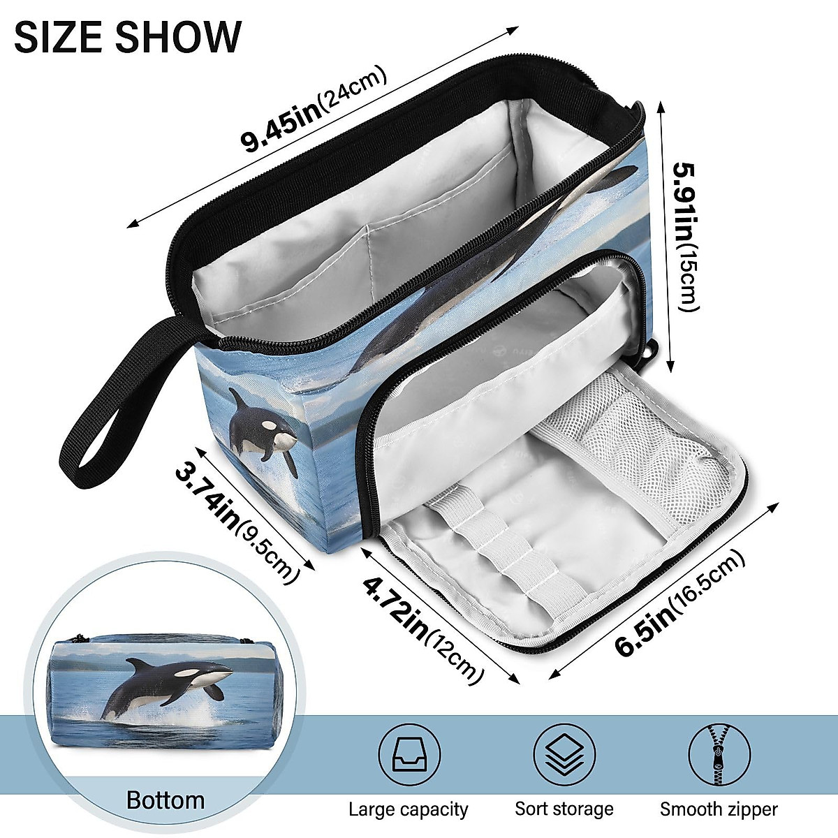 Emelivor Orca Whale with Ocean Pencil Case Large Capacity Pencil Pouch Bag with Compartmens Pen Bag Case with Zipper Stationery Bag Pencil Organizer for School Office Men Women Adults