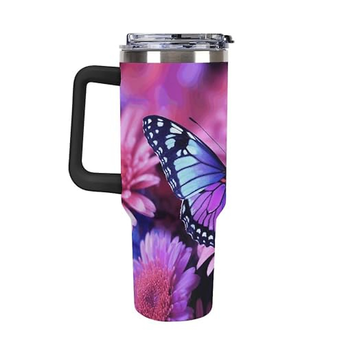 Purple Butterfly And Flower Insulated Stainless Steel Travel Mug, 40 Oz Tumbler with Handle And Straw Double-Wall Vacuum Coffee Cup, Leak-Proof Lid, Keeps Drinks Hot/Cold for Hours