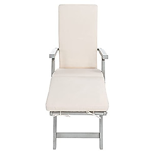 SAFAVIEH Outdoor Collection Palmdale Grey Solid Wood/Beige Cushion Chaise Lounge Chair (PAT7015D)