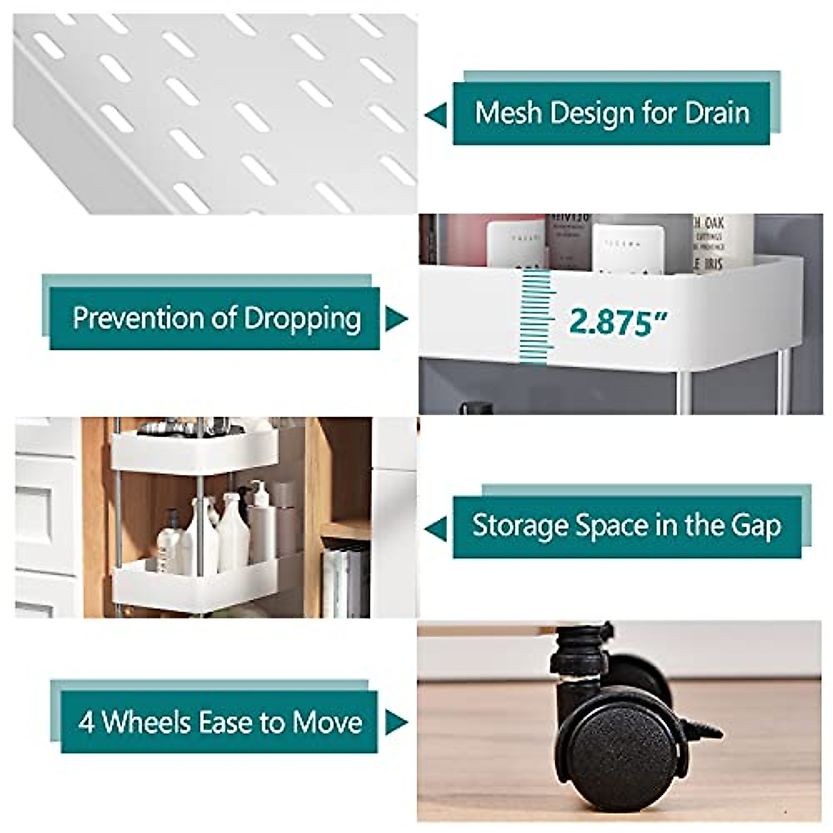 Storage Cart by PILITO, Rolling Utility Cart Mobile Shelving Unit Organizer with Wheels for Bathroom, Kitchen, Office, Home, Laundry Room & Dressers, Plastic & Stainless Steel, White (4-Tier)