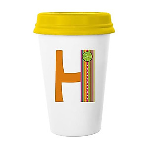 PUROXX H Alphabet Orange Fruit Cute Pattern Coffee Tea Mug Pottery Cup Yellow Lid