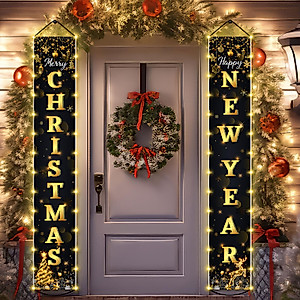 Irenare Lighted Christmas Banner Decorations with LED Light Merry Christmas Front Porch Sign Snowman Gnome Hanging Door Banner for Winter Xmas Holiday Party Outdoor Decor(Cool)