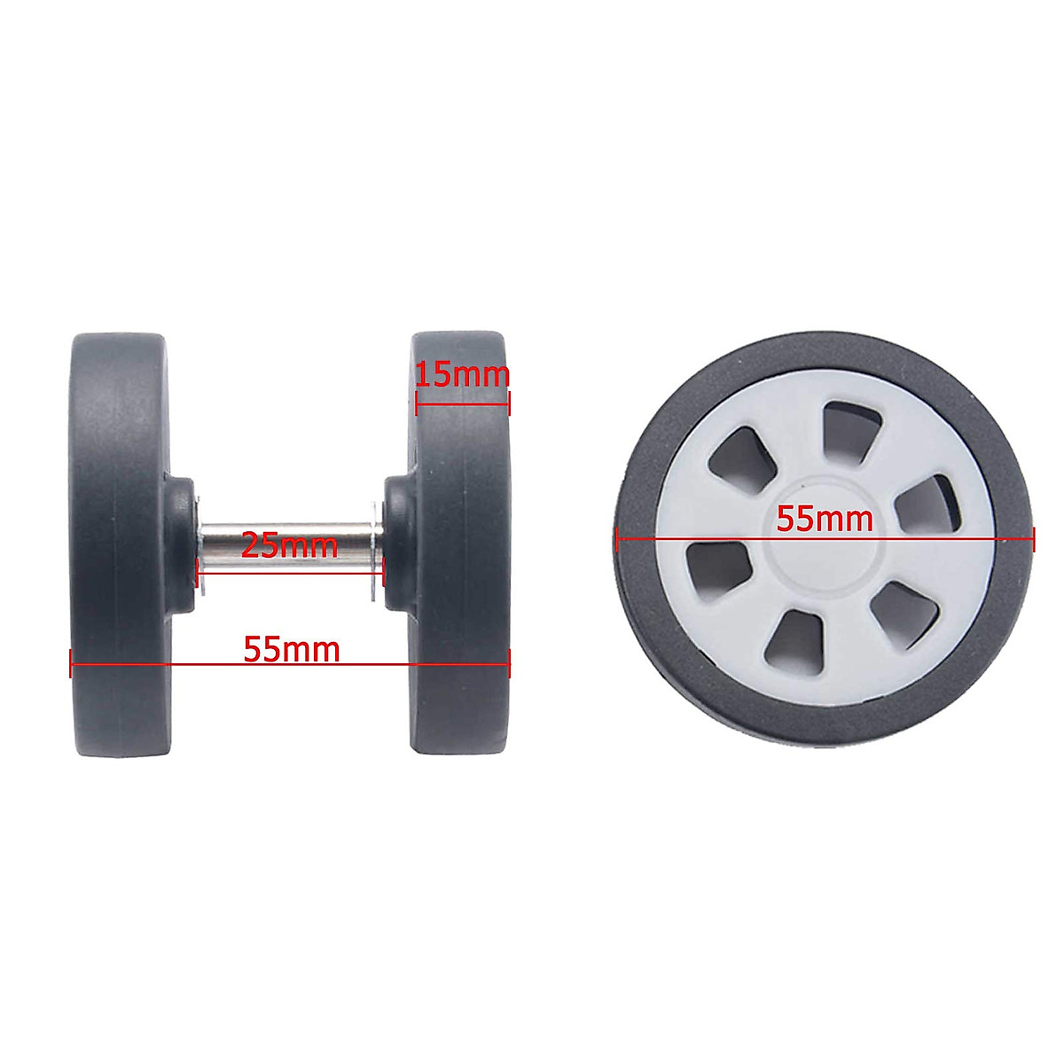 Rhinenet Replacement Luggage Suitcase Wheels OD 55mm Repair Kit Parts Axles Rubber Metal Swivel Caster Trolley Wheels Bearings Tools Wear-Resistant Mute Flexible Set of (4) Wheels 55mm x 12mm x 6mm