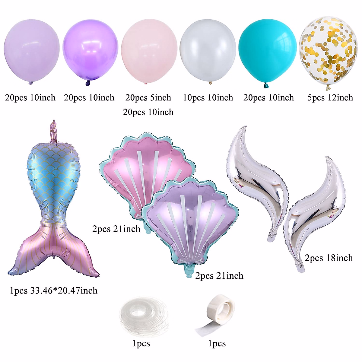 124Pcs Mermaid Balloon Garland Kit, Mermaid Tail Purple Pink Shell Pink Purple Blue Balloons for Girls Mermaid Birthday Party Under The Sea Party Decorations