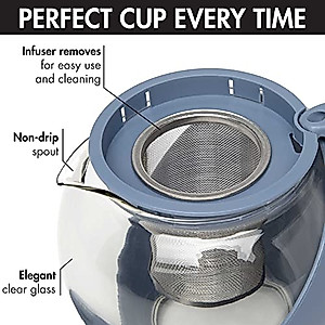 Primula Half Moon Teapot with Removable Infuser, Glass Tea Maker with Reusable Fine Mesh Stainless Steel Filter, Dishwasher Safe, 40-Ounce, Blue
