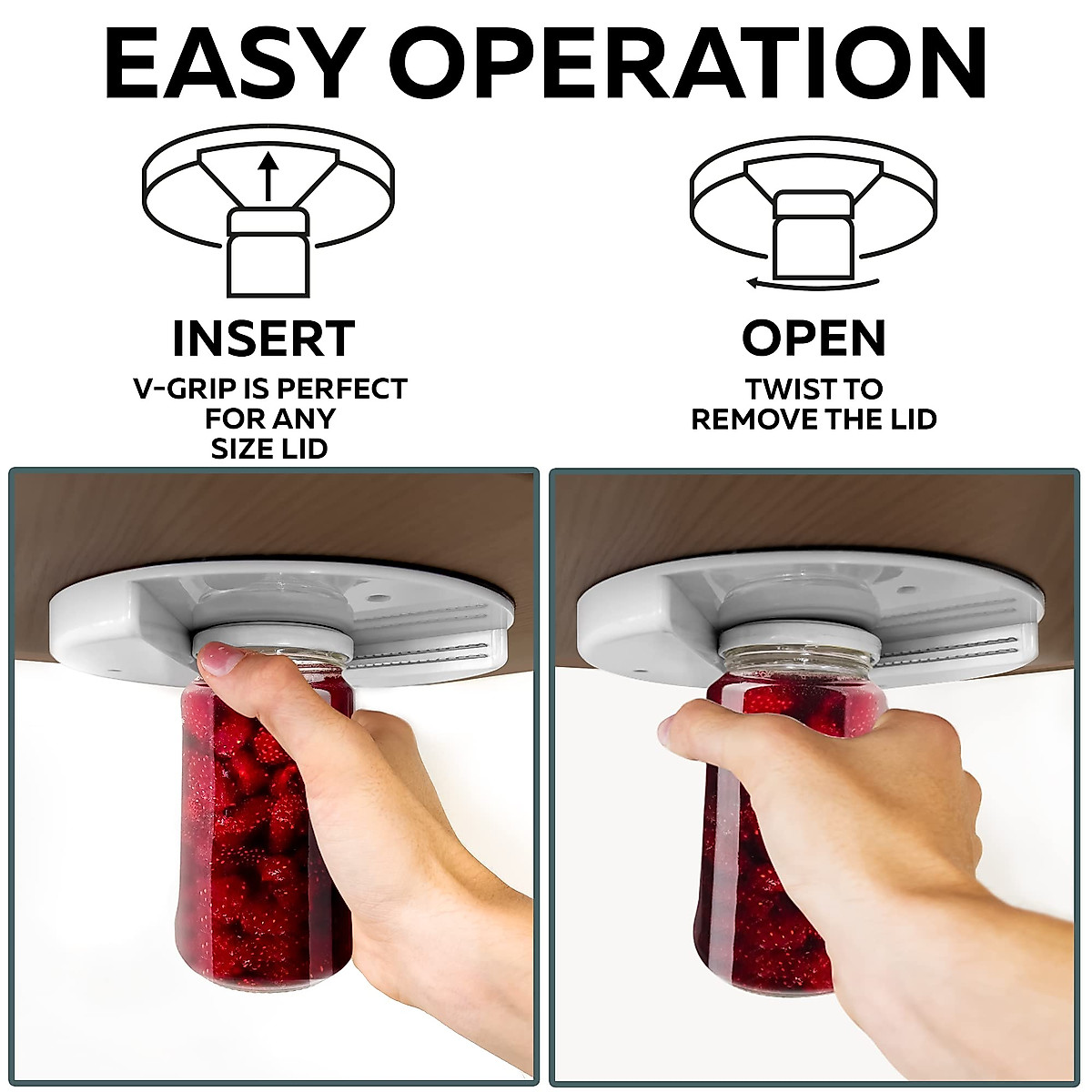 Under Cabinet Lid Jar Opener - for Weak Hands and Seniors With Arthritis - Heavy Duty, Allows to Easily Unscrew Any-Size Lid - Effortless Bottle & Can Opener for your Kitchen