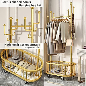 REROM 360° Wheels Free-Standing Coat Rack,with 4 Hooks Clothes Rack Garment Rail Storage Basket for Bedroom Living Room Garment Rack (Color : White, Size : 80cm)