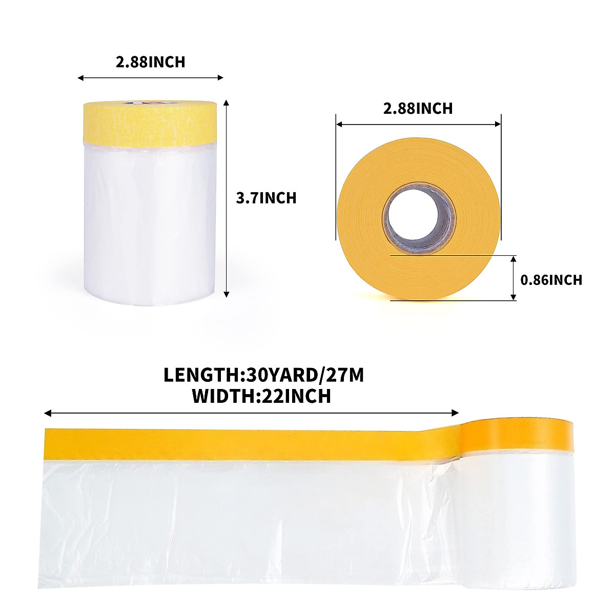 TAPEBEAR Pre-Taped Masking Film, Tape and Drape, Plastic Sheeting Roll, Automotive Painters Masking Tape Film, Plastic Sheeting Cover for Appliance and Furniture, 22inch X 30yard, 3Rolls