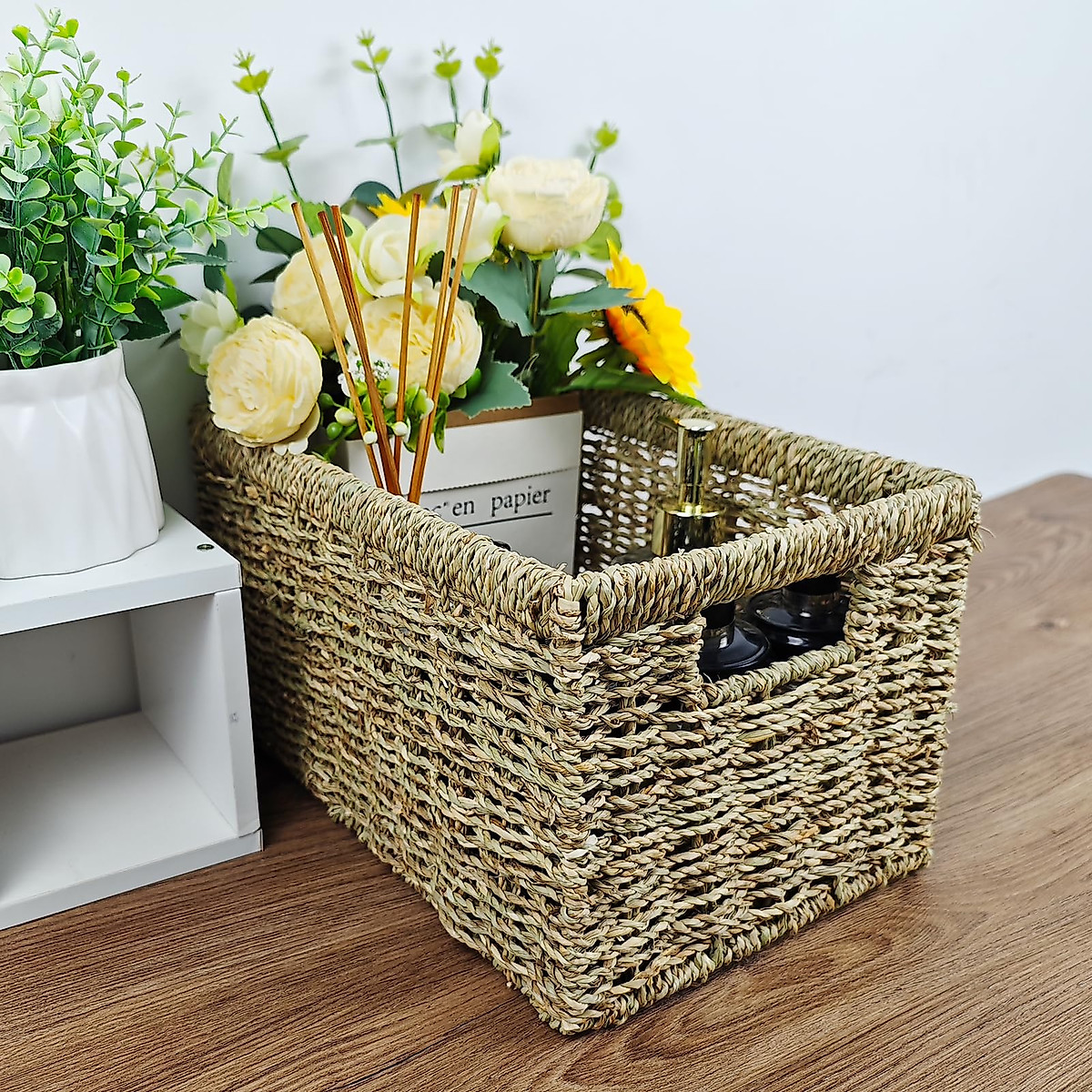 Storage Basket, Seagrass Storage Baskets, Home Hand-Woven with Built-In Handle, Rectangular Seagrass Basket 13.25x8.3x7 Inches（2PCS)