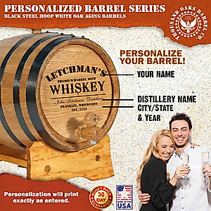 Personalized 20 Liter Oak Aging Barrel (5 gallon) with Stand, Bung and Spigot | Age Cocktails, Bourbon, Rum, Tequila, Beer, Wine and More! | Laser Engraved P5 Custom Whiskey Barrel Design