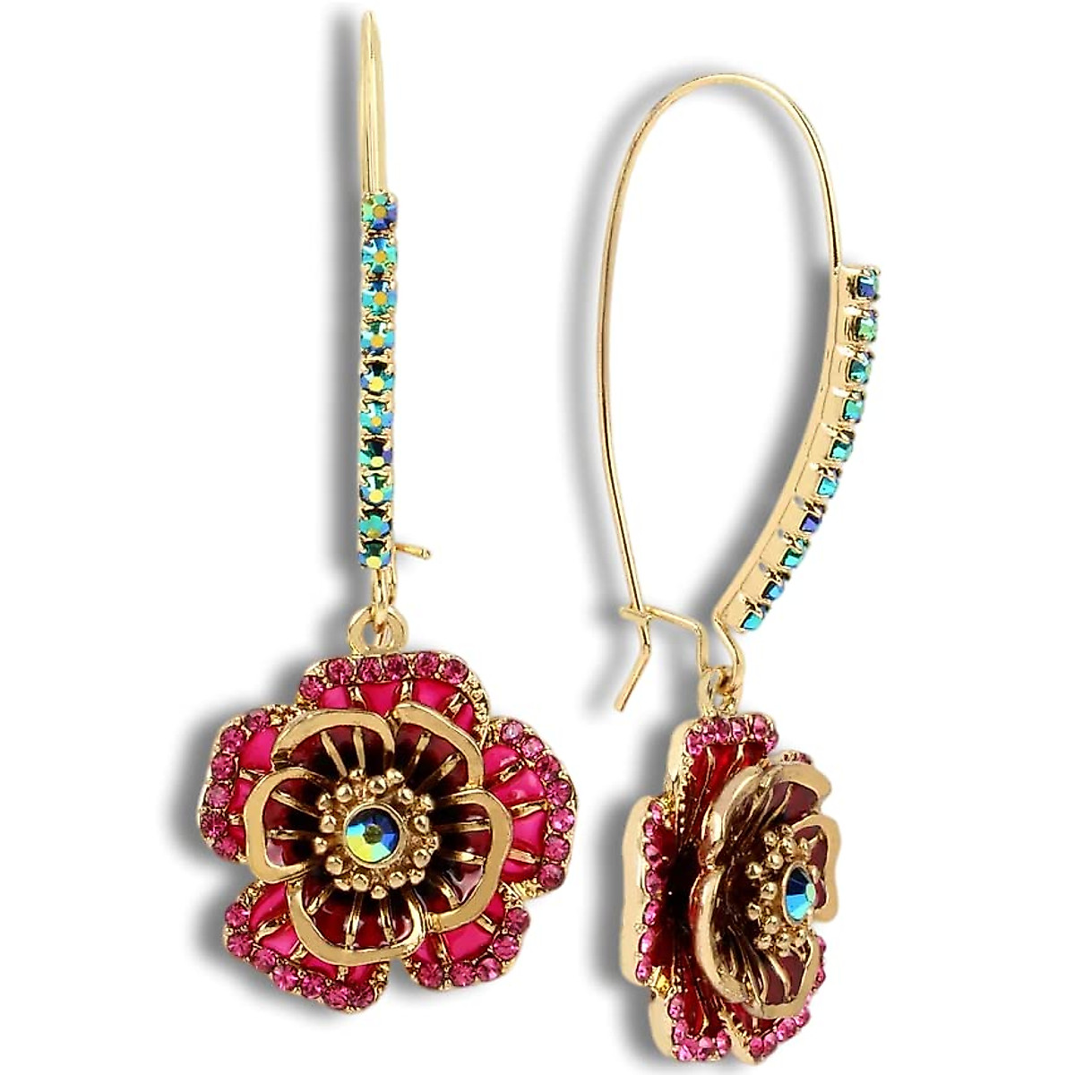 ZEshops Rose Dangle Earrings with Mixed Stone Accents, Gold-Tone Metal Trendy and Unique Women's Fashion Earrings