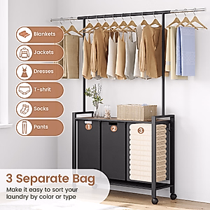 IDEALHOUSE Laundry Sorter, Rolling Laundry Hamper with Hanging Rack, Laundry Hamper 3-Section with Wheels, Hampers for Laundry, Laundry Basket Organizer for Laundry Room, Rustic Brown