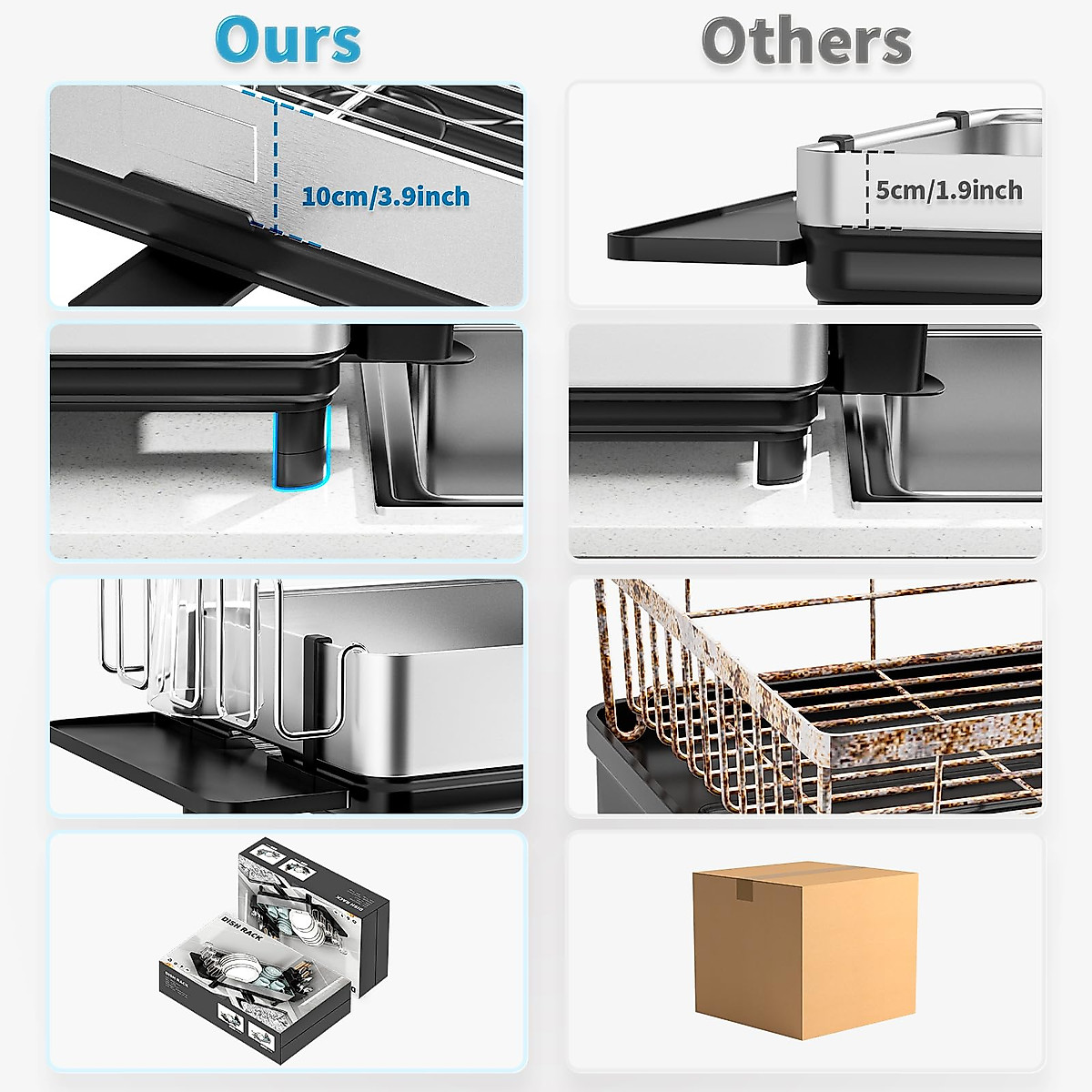 SanDream Dish Drying Rack, Stainless Steel Dish Rack for Kitchen Counter, Dish Drainer for with 360° Rotatable Drain Spout & Utensil Holder, Saving-Space Kitchen Organizer with Cups Holder, Black