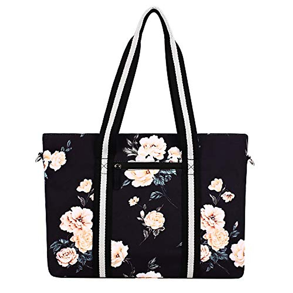 MOSISO Laptop Tote Bag for Women (17-17.3 inch), Canvas Camellia Multifunctional Work Travel Shopping Duffel Carrying Shoulder Handbag, Black