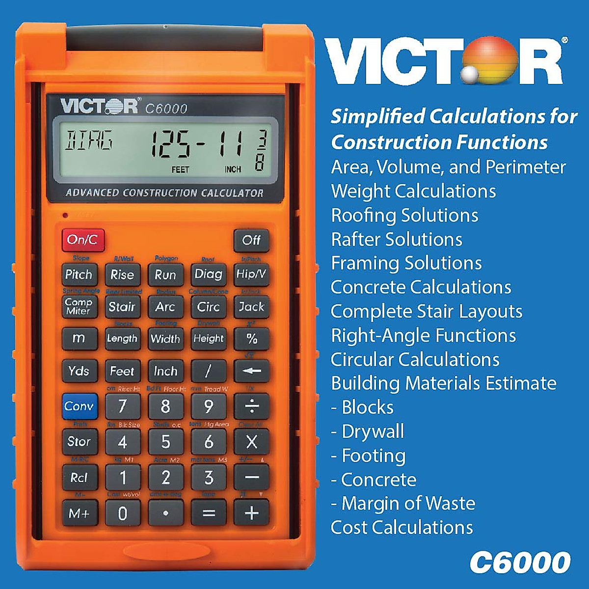 Victor C6000 Advanced Construction Calculator with Protective Case Displays in Fractional or Dimensional Forms Perfect for Carpenters, Renovators,Builders, Contractors, Estimators