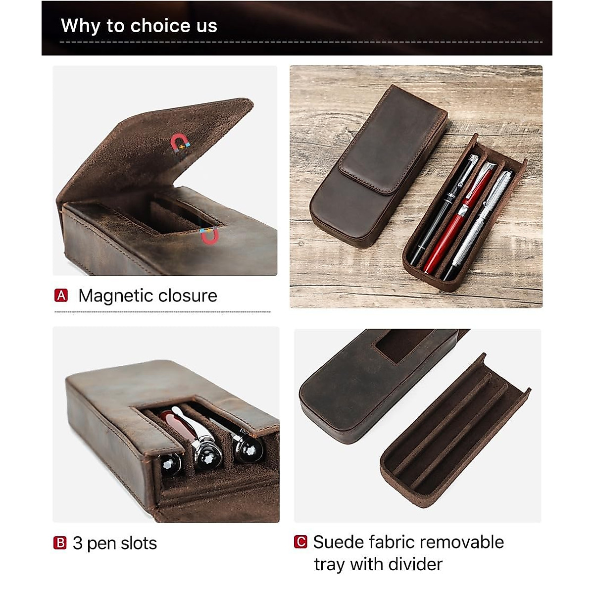 3/12 Leather Pen Case Pack Handmade Drawer Style Detachable Magnetic Pen Case (3 BROWN)…