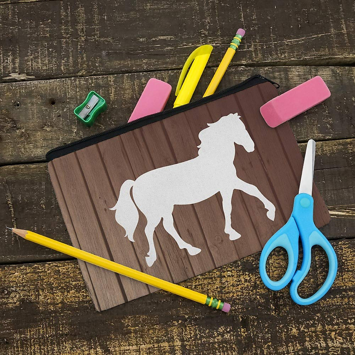 Horse Silhouette Cowboy Western Pencil Pen Organizer Zipper Pouch Case