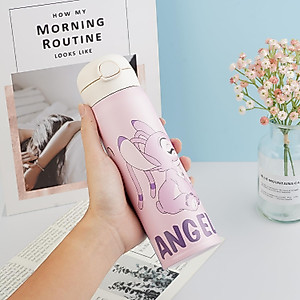 Cute Stitch Water Bottle,Cartoon Anime Water Bottle Cup with Straw,Quick Open Insulated Bottle for Girls 480ml (A)