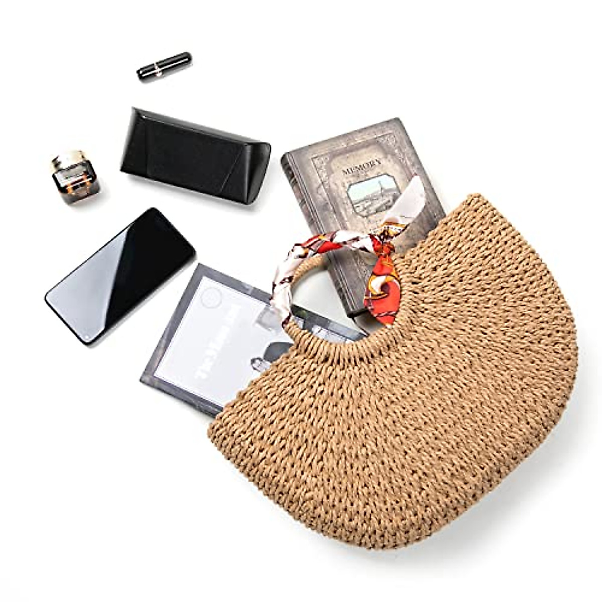 FARVALUE Summer Straw Beach Tote Bag Handmade Large Straw Tote Handbag Women's Handbags And Free Silk Scarves