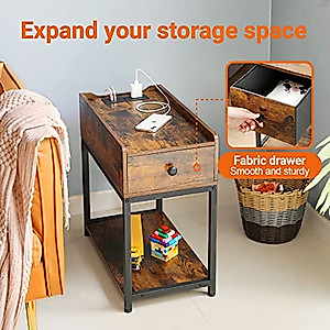 AMHANCIBLE End Table Living Room with Charging Station, Narrow Nightstand with USB Ports & Power Outlets, Slim Bedside Table for Small Spaces, Bedroom, Rustic Brown HET04LDBR1