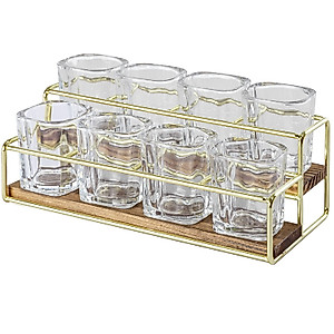MyGift Shot Serving Tray, 2-Tier Brass Tone Metal and Burnt Wood Party Shots Server Tray with 8 Shot Glasses