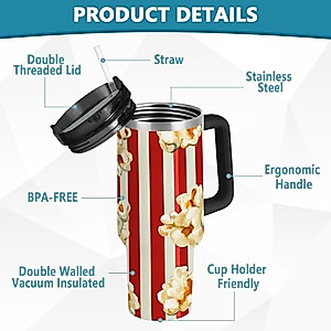 Selerdon 40 oz Tumbler Popcorn Red Striped with Handle and Straw Lid Vacuum Stainless Steel Insulated Water Bottle Travel Mug Car Cup Holder Friendly BPA Free for Gym Travel Office