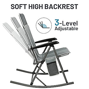TIMBER RIDGE Padded High Back Folding Rocker Side Pocket Portable Rocking Lawn Chair Foldable for Camping Patio Garden, Supports 300 LBS, Grey
