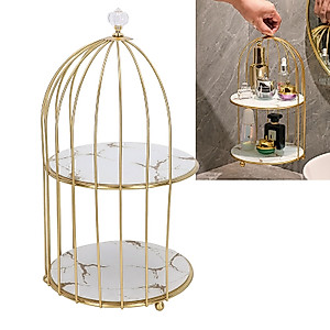 flexman Bathroom Organizer Countertop, Double Layer Bird Cage Organizer Display Rack, Countertop Storage Shelf for Bathroom Countertop Dressing Table (White Base Gold Pattern)