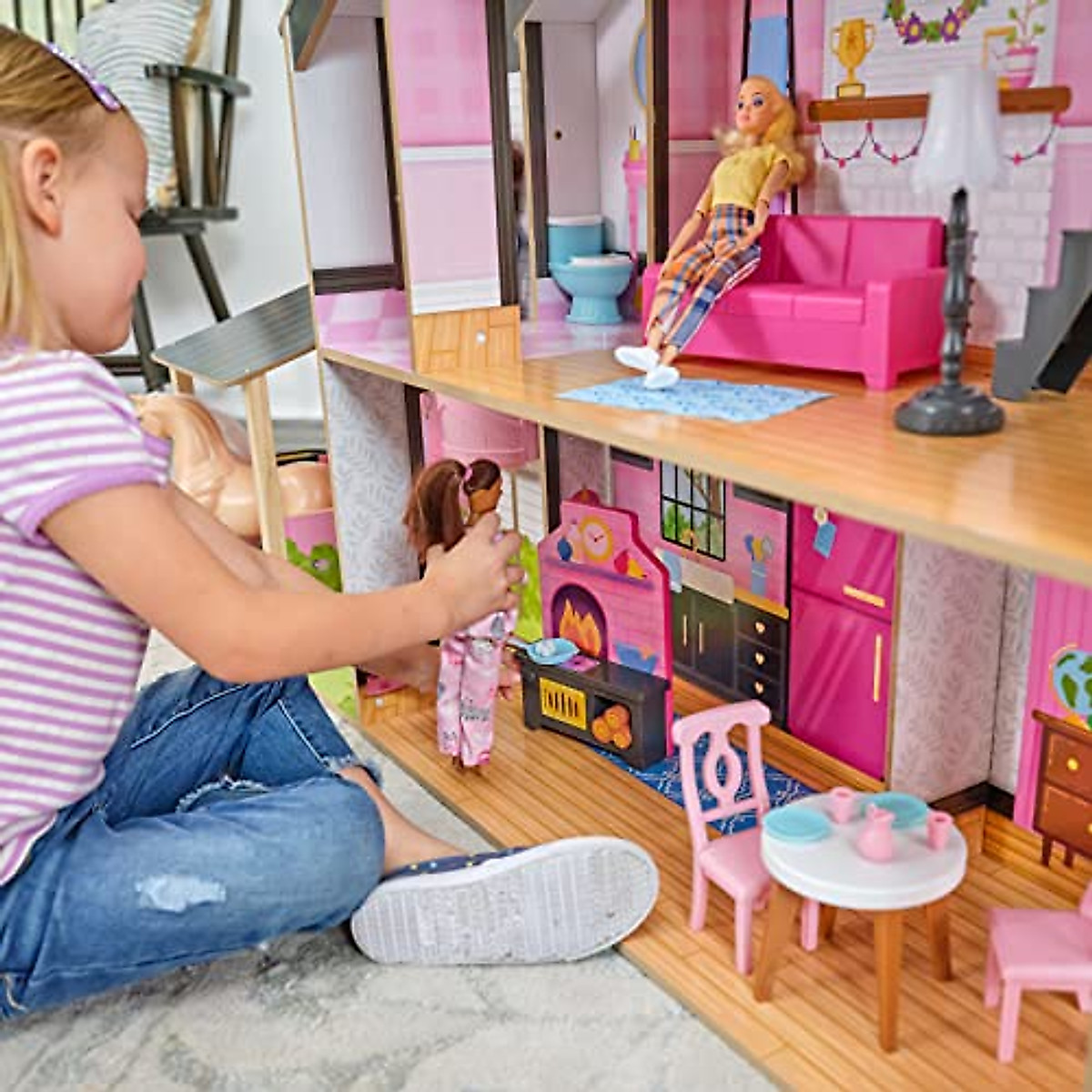 KidKraft Windmill Elevator 2-in-1 Wooden Barn & Dollhouse with Horse and Lights & Sounds, Over 3 Feet Tall, Pink