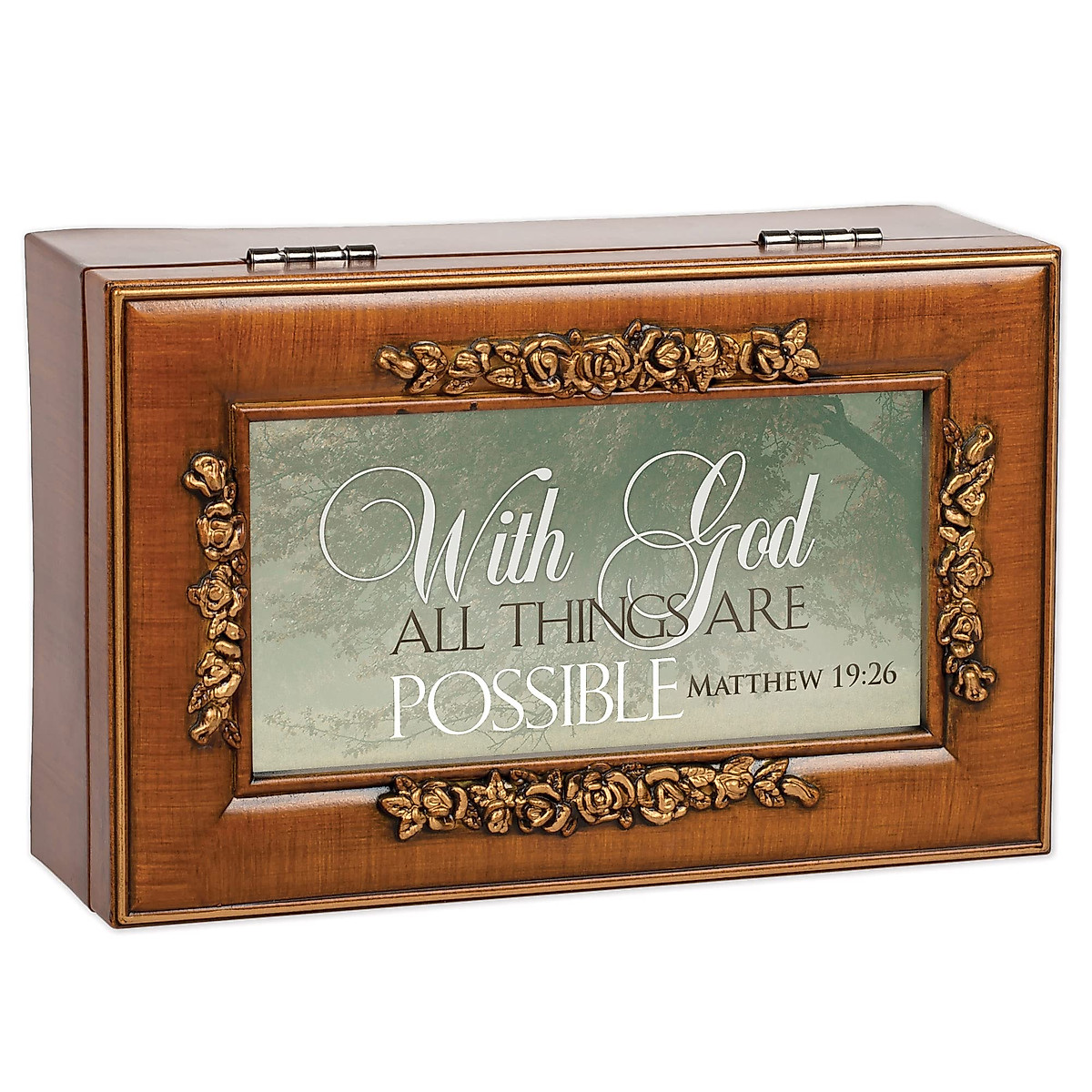 Cottage Garden with God All Things are Possible Woodgrain Embossed Jewelry Music Box Plays Amazing Grace