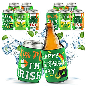 12 Pcs St. Patrick's Day Can Koozies Coolers Sleeves Party Favors Supplies Saint Paddy's Day Irish Shamrock Green Beer Neoprene Can Sleeves Gifts for Soda Beer Beverage