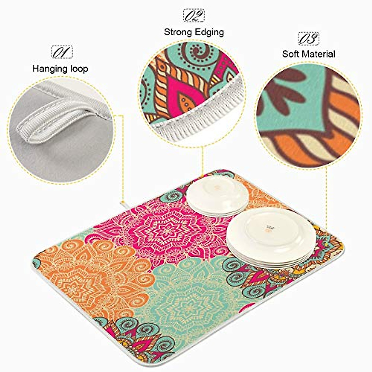Floral Mandala Trippy Dish Drying Mat 24"x18" Absorbent Machine Washable Hanging Fast Dry Pad Dish Protective Mat for Kitchen Countertop Heat Resistant Dinner Table Mat