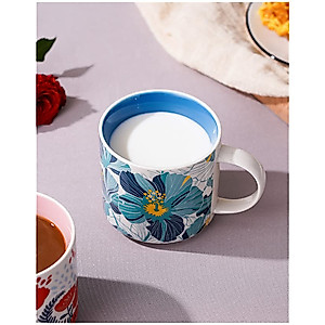 Caalio Ceramic Tea Cup Coffee Mug for Office and Home, Hand Painted with Handles, Vintage Flower Blossom Mug, Dishwasher Microwave Safe, Blue - 15.8oz
