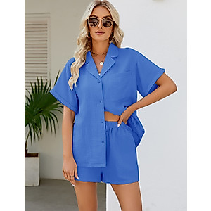 Flygo Women's Two Piece Shirts Sets Short Sleeve Summer Casual Linen Shirt Elastic Waist Short Sets Outfits(RoyalBlue-XL)