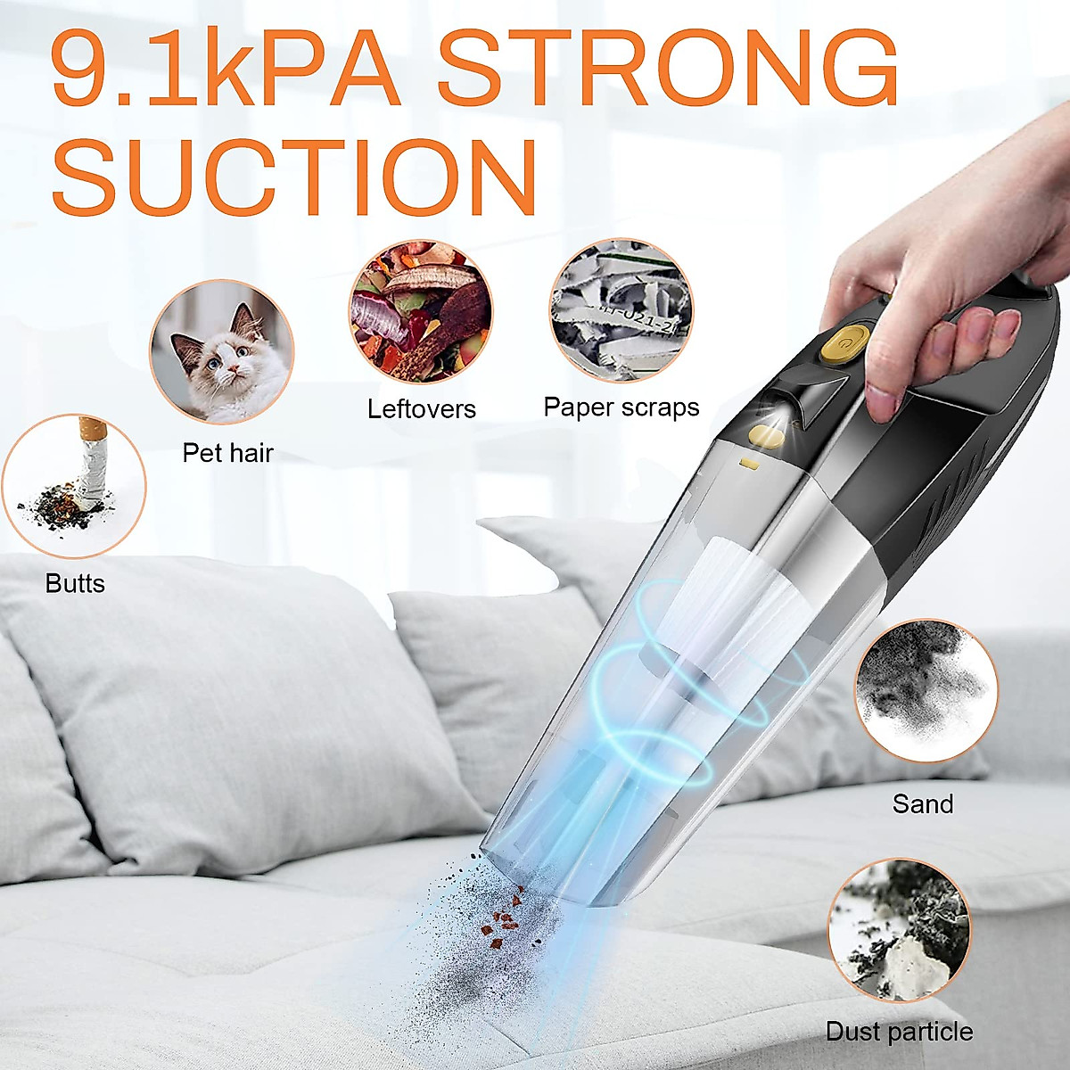 luium Handheld Vacuum Cordless, Car Vacuum Cordless Rechargeable, Wet-Dry Use Portable Hand Vacuum Cleaner with High Power 9Kpa Strong Suction, Reusable Filter and LED Light for Car, Home, Office