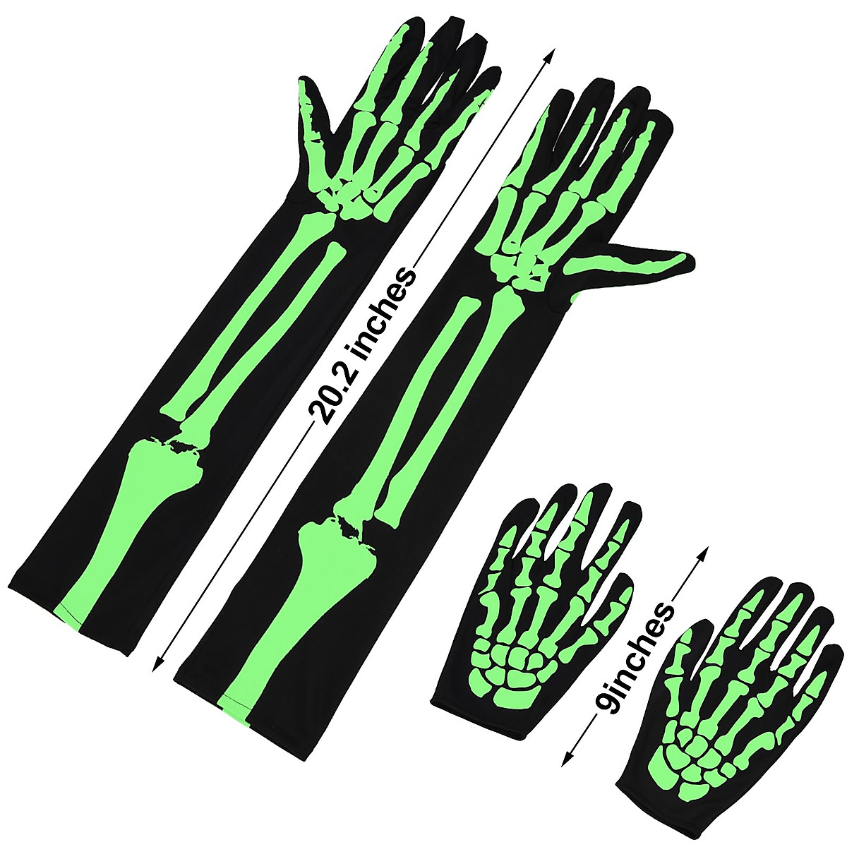 JOVITEC 4 Pairs Skeleton Gloves Halloween Costume Skull Gloves Gothic Bone Gloves for Costume Cosplay Accessories (Glow)