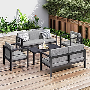Raysfung Aluminum Patio Furniture Set, 5 Pieces Modern Conversation Set with Upgrade Cushion and Coffee Table, Outdoor Set Sectional Sofa for Garden