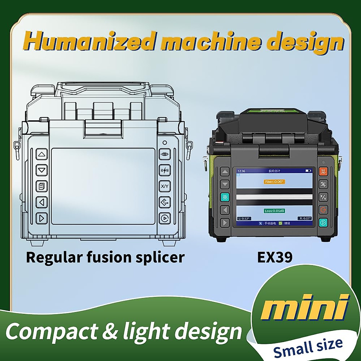 Komshine Optical Fusion Splicer EX39 FTTH Mini Fiber Fusion Splicer Machine Kit 8s Fast Splicing Fast-Heating 18s with Fiber Cleaver FC-30 Welding Machine Empalmador De Fibra óptica